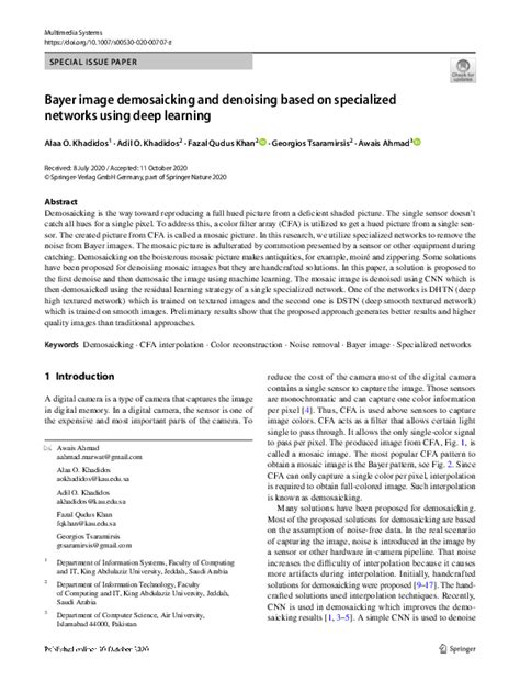 Pdf Bayer Image Demosaicking And Denoising Based On Specialized Networks Using Deep Learning
