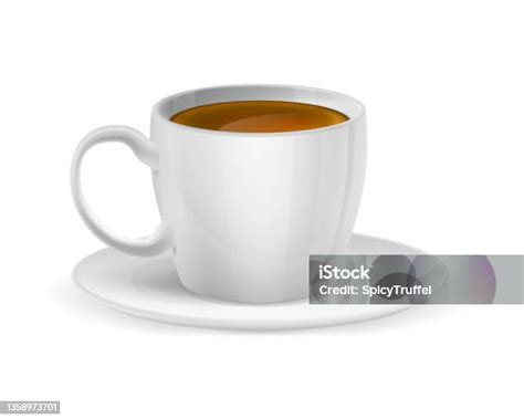 커피 음료와 현실적인 흰색 도자기 컵 세라믹 머그잔과 접시 아침 카페인 음료 제공 에스프레소용 격리식기의 측면 보기 벡터