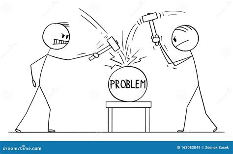 Vector Cartoon Illustration Of Two Men Workers Or Businessmen Beating Problem With Hammers