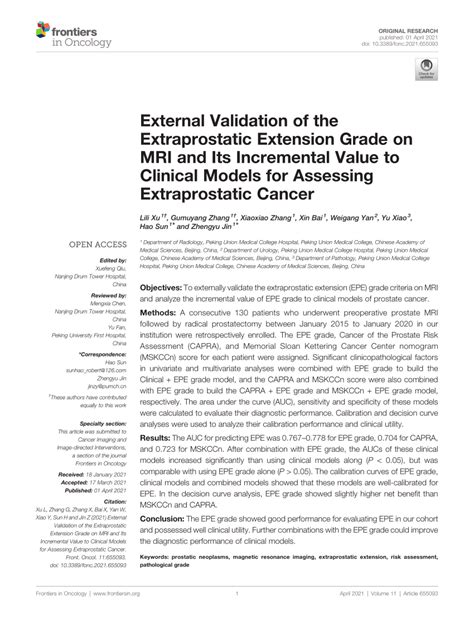 Pdf External Validation Of The Extraprostatic Extension Grade On Mri