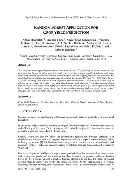 Random Forest Application For Crop Yield Prediction Pdf