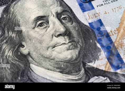 Macro Close Up Of Ben Franklins Face On The Us 100 Dollar Bill Stock