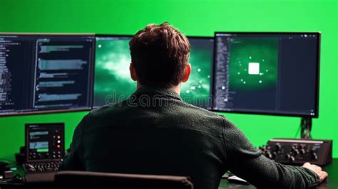 software developer working with green screen background and multiple monitors stock footage