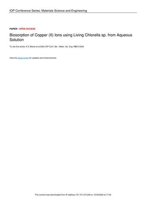 Pdf Biosorption Of Copper Ii Ions Using Living Chlorella Sp From Aqueous Solution