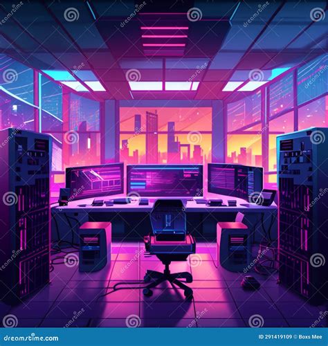 Futuristic Hi Tech Office Interior With Large Windows And Computer Monitors Vector Illustration