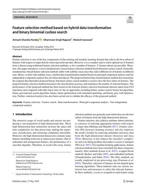 Pdf Feature Selection Method Based On Hybrid Data Transformation And