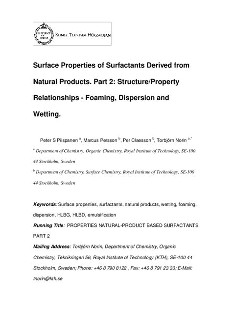 Pdf Surface Properties Of Surfactants Derived From Natural Products