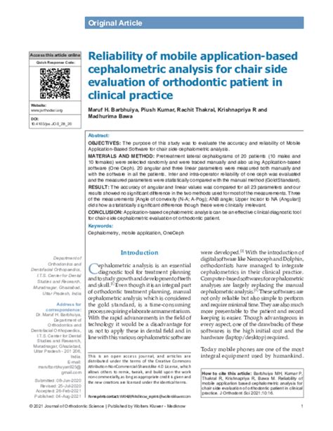Pdf Reliability Of Mobile Application Based Cephalometric Analysis For Chair Side Evaluation