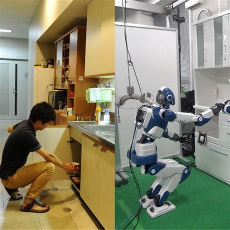human left and humanoid robot right perform a manipulation task