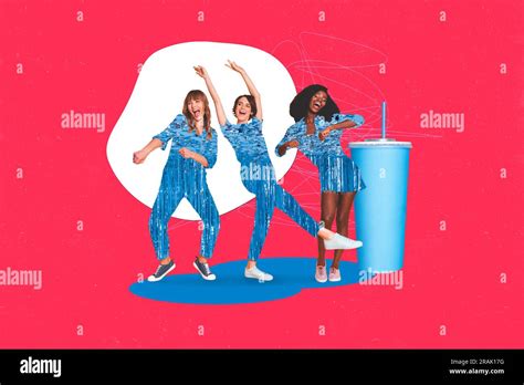 Three Chics Collage Wearing Festive Clothes Shiny Blue Skirt Suits Drink Lemonade Dancing