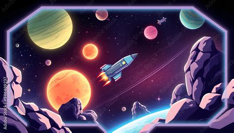 Space Game Ui Level Map With Shuttle Flying At Alien Planets Arcade