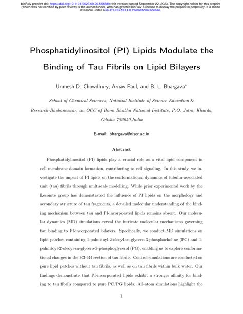 Pdf Phosphatidylinositol Pi Lipids Modulate The Binding Of Tau Fibrils On Lipid Bilayers