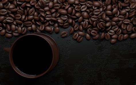 커피 한 잔과 사실적인 커피 콩 플랫 레이 3d 렌더링 배경 커피 콩의 질량을 닫습니다 가득 찬에 대한 스톡 사진 및 기타 이미지 Istock