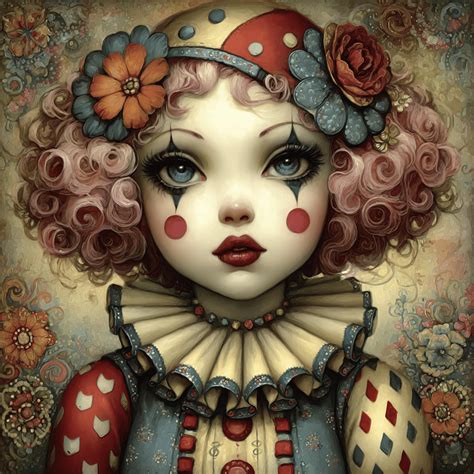 Vintage Female Clown Portrait Set Whimsical Diy Wall Art Png Digital