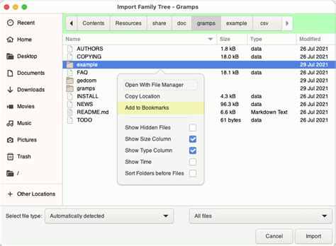 what is the appearance of the file chooser for gramps web gramps web