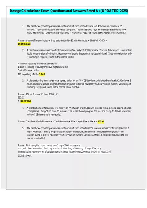 Dosage Calculations Exam Questions And Answers Rated A Updated 2025 Dosage Calculations