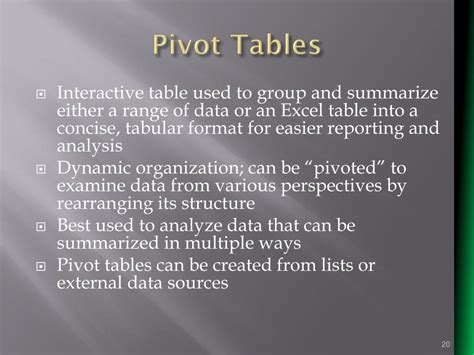 Ppt Tutorial 5 Working With Excel Tables Pivottables And