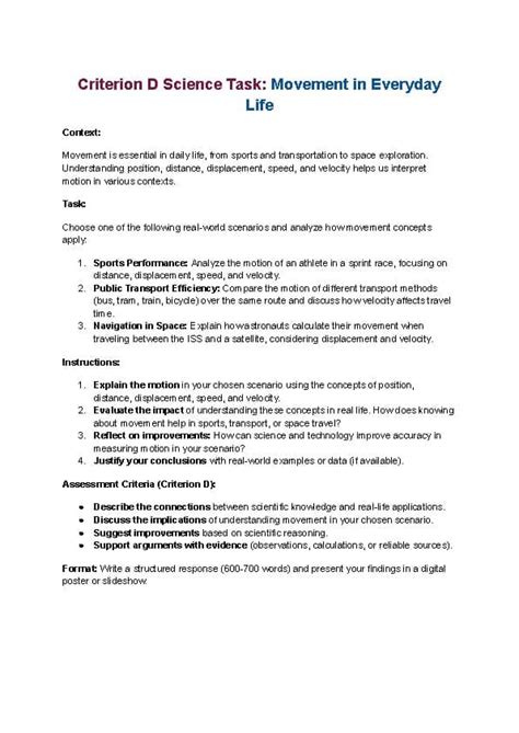 Ib Myp Physics Movement In Everyday Life Criterion D Rubric