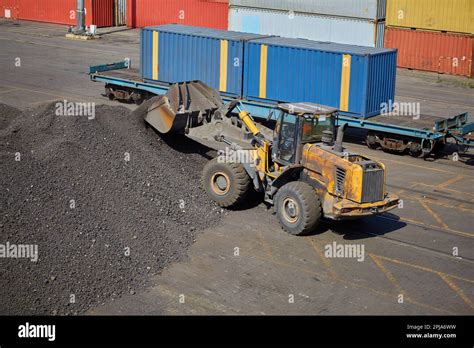 Operations With Coal In Seaport Loading Coal On Bulk Carrier Coal Loading By Cranes On Bulk
