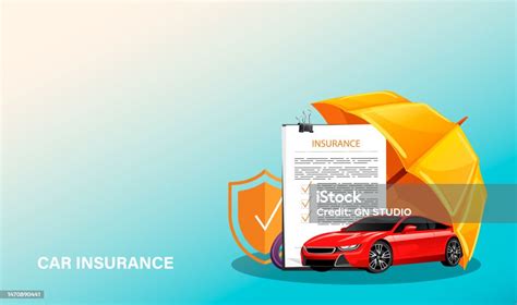 빨간 자동차 주황색 방패 및 우산으로 자동차 보험 광고 차량 보호의 개념 벡터 그림 개념에 대한 스톡 벡터 아트 및 기타 이미지 개념 개념과 주제 계약서 Istock