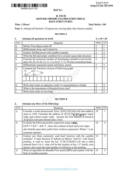 Data Structures Kcs301 Subject Code Kcs Roll No B Tech Sem Iii Theory Examination 2020