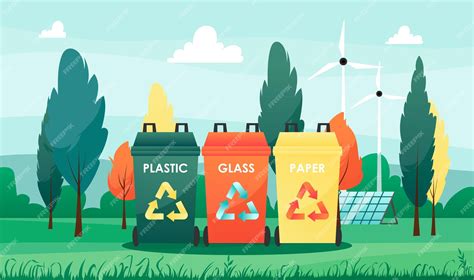 폐기물 재활용 설계 개념 환경 관리 문제의 생태학적 솔루션 쓰레기 분리는 오염을 줄이기 위해 대체 전력을 사용하여 깨끗한 행성 지구 자연 벡터 일러스트레이션을 저장합니다
