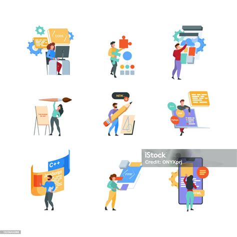 전문 프로그래머 프리랜서 야외 작업 노트북 코딩 및 프로그래밍 스크립트 쓰기 웹 기술 괴짜 문자 화려한 벡터 평면 사진 개념에