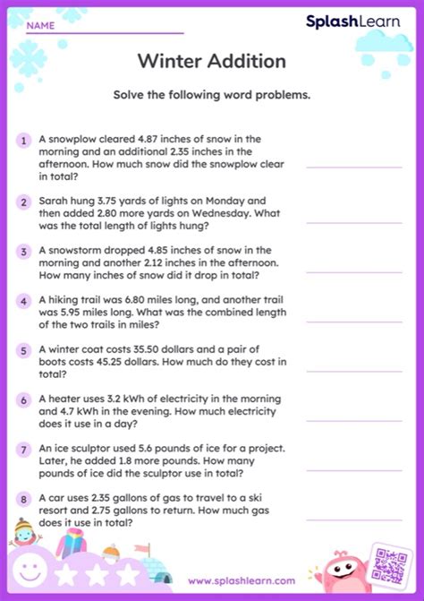 Add Decimal Numbers With Upto 2 Decimal Place Winter Word Problems