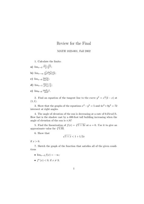review sheet for final exam calculus and analytic geometry i math