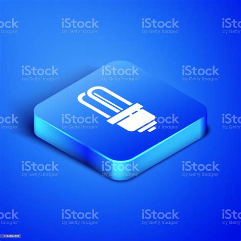 파란색 배경에 격리된 등각투영 Led 전구 아이콘입니다 경제적 인 Led 조명 전구 에너지 램프를 절약하십시오 파란색 사각형 버튼입니다 벡터 일러스트레이션 0명에 대한 스톡