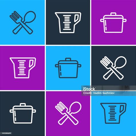세트 라인 교차 포크와 숟가락 요리 냄비 및 계량 컵 아이콘 벡터 강철에 대한 스톡 벡터 아트 및 기타 이미지 강철 고풍스런 금속 Istock