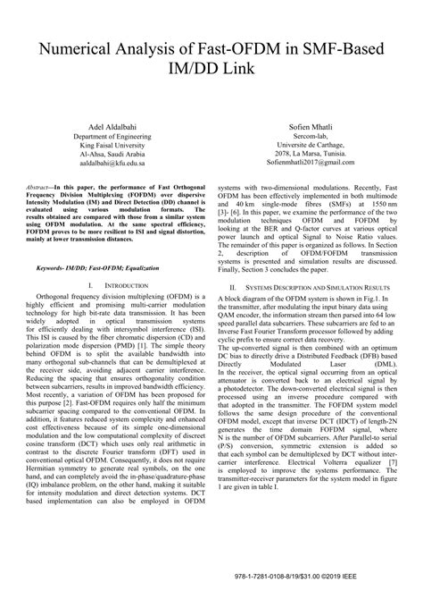 Pdf Numerical Analysis Of Fast Ofdm In Smf Based Imdd Link