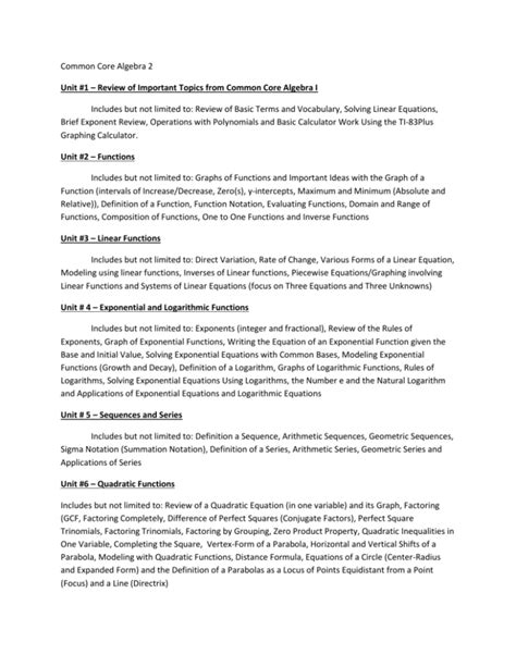 Common Core Algebra 2 Syllabus Course Overview