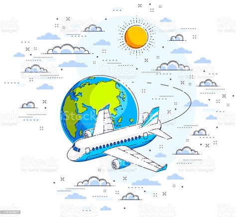 구름에 둘러싸인 하늘에 지구 행성 비행기 여객기 항공 여행 그림 흰색 배경 위에 고립 된 아름 다운 얇은 라인 벡터 3차원 형태에 대한 스톡 벡터 아트 및 기타 이미지