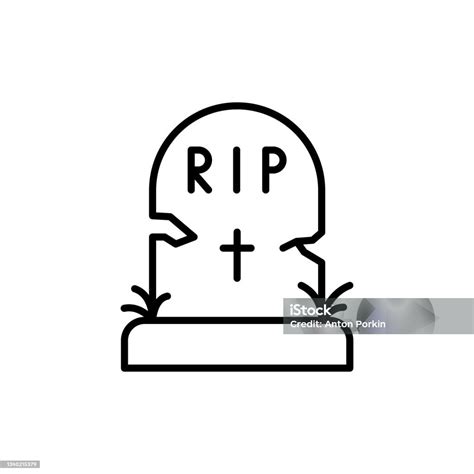 텍스트 Rip 라인 아이콘과 무덤에 검은 묘비 할로윈 무덤 윤곽 그림 평화 선형 아이콘에서 십자가와 텍스트 휴식과 비석 편집 가능한 스트로크 격리된 벡터 일러스트레이션 검은