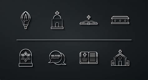 세트 라인 백합 꽃 다윗의 별과 무덤 관 십자가 성경 책 말풍선 찢어 죽음 오래 된 지하실 교회 건물 및 아이콘 벡터 0명에