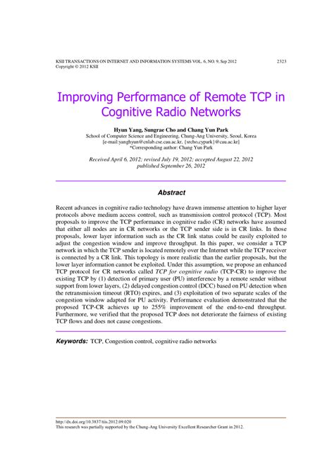 Pdf Improving Performance Of Remote Tcp In Cognitive Radio Networks