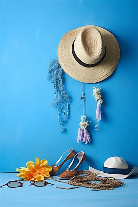 파란색 배경의 해변 장면에는 모자 선글라스 및 기타 재료가 포함되어 있습니다 배경 화면 및 일러스트 무료 다운로드 Pngtree