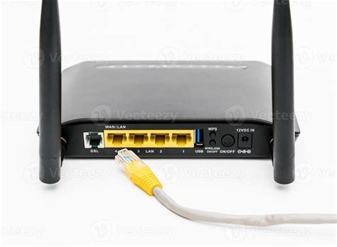 black wireless router with local area network cable isolated on white