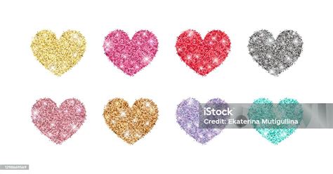 흰색에 고립 된 장식 반짝반짝 빛나는 하트 로즈 골드 핑크 골든 실버 레드 민트 홀로그램 광택 반짝임 모양 스티커 배너 발렌타인 인사말 카드에 대한 벡터 일러스트 번쩍이는에