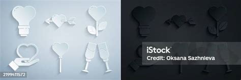 하트 하트 모양 꽃 손 유리 샴페인 화살표와 전구 아이콘으로 Amour의 형태로 풍선을 설정합니다 벡터 3차원 형태에 대한 스톡 벡터 아트 및 기타 이미지 Istock