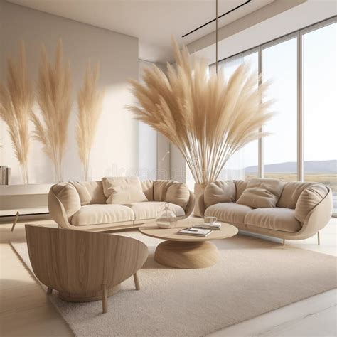 Modern Living Room With Pampas Grass Decor Stock Illustration