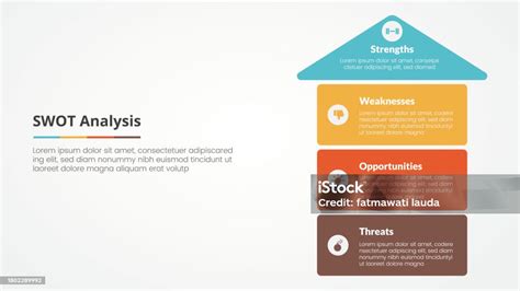 Swot 비즈니스 프레임 워크 전략적 템플릿 화살표 상단 방향 및 상자 스택 구조가있는 슬라이드 프리젠 테이션에 대한 인포 그래픽 개념 플랫 스타일의 4 점 목록 Swot