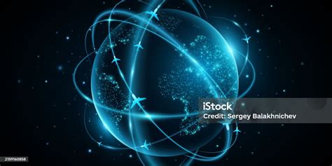 미래의 지구 주위를 비행하는 비행기 빛나는 점의 공상 과학 지도 당신의 디자인을 위한 하이테크 여행 배경 벡터 일러스트 레이 션입니다 3차원 형태에 대한 스톡 벡터 아트 및