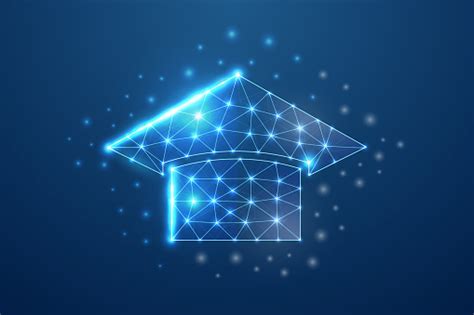 졸업 캡 블루 로우 폴리 스타일의 3d 기호 E러닝 온라인 학습 디자인 컨셉 벡터 일러스트레이션 교육 과정 다각형 와이어프레임