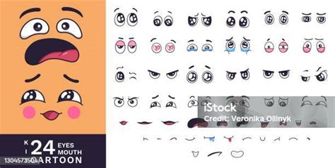 만화 얼굴 키트 다양한 표정으로 재미있는 캐릭터 눈과 입 사랑과 두려움 화가 나고 웃음 미소와 슬픈 벡터 만화 요소 눈 신체