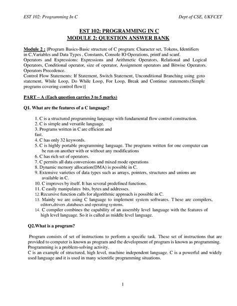 C Prog Module 2 Qn Bank 1 Est 102 Programming In C Module 2 Question Answer Bank Module 2