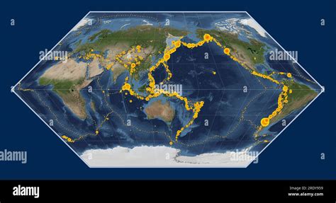 Okhotsk Tectonic Plate On The Blue Marble Satellite Map In The Eckert I Projection Centered