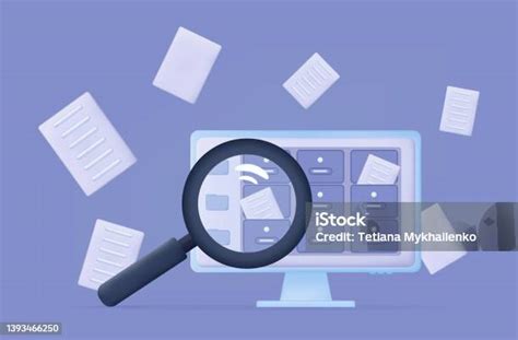 아카이브 파일 3d 벡터 일러스트레이션 돋보기 컴퓨터 화면에 보관 문서가있는 상자 데이터베이스 스토리지 오래된 서류 또는 계약을 검색하십시오 안전한 사무 업무의 세포