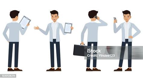 아시아 사업가는 파란색 정장 캐릭터 벡터 디자인을 착용합니다 다양한 액션으로 프리젠 테이션 감독에 대한 스톡 벡터 아트 및 기타